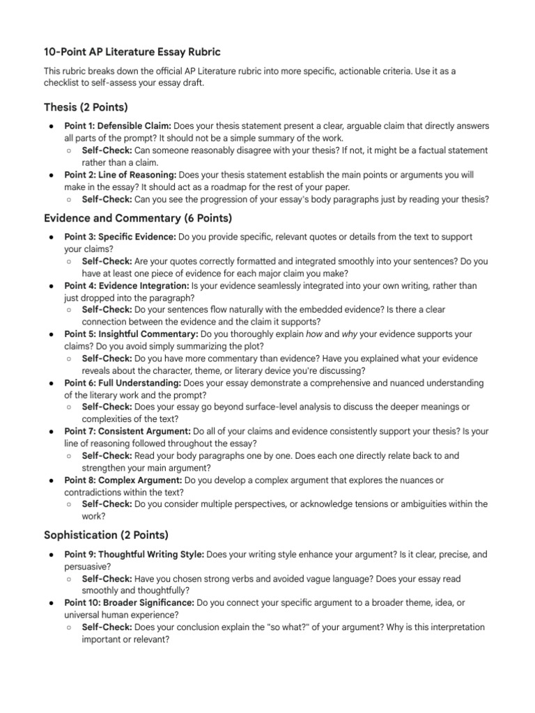 AP Literature Essay Rubric Guide | PDF | Essays | Argument