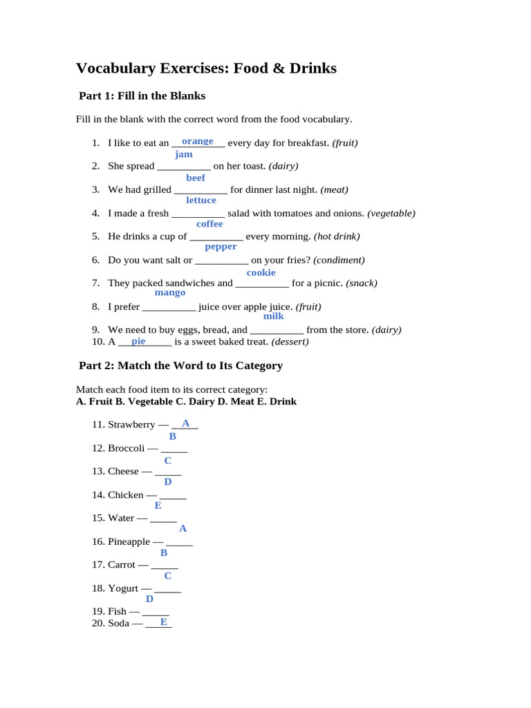 Food and Drinks Vocabulary Exercises | PDF | Drink | Foods