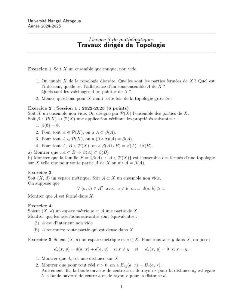 Travaux Dirigés de Topologie - Licence 3 | PDF | Ensemble vide | Distance