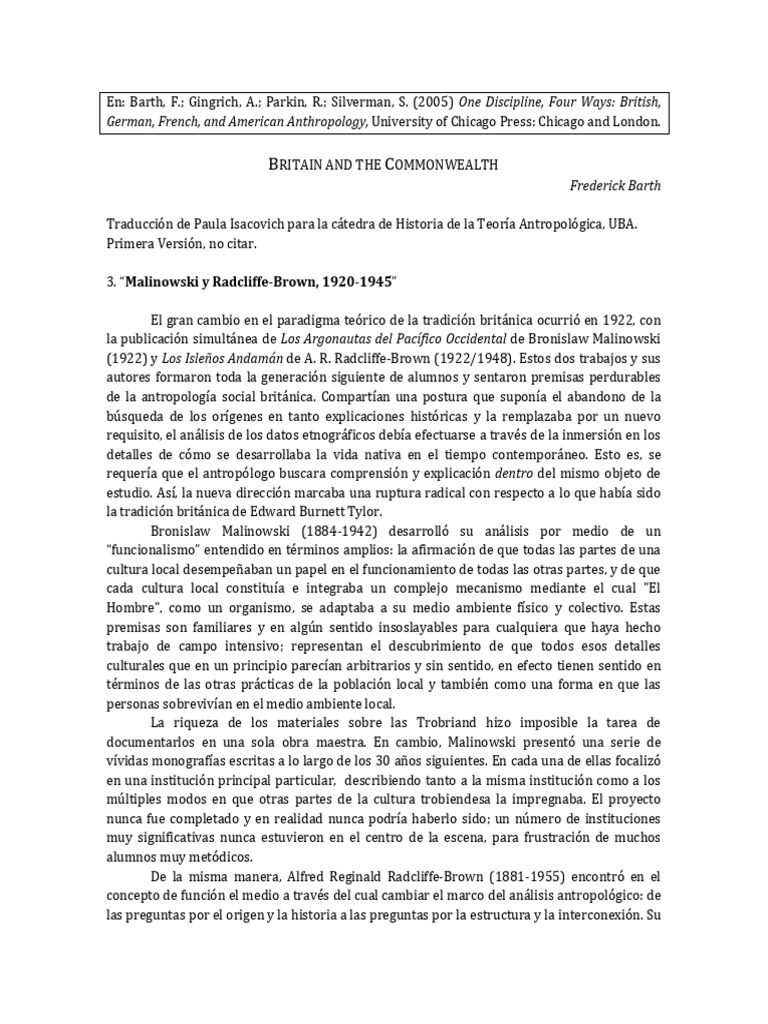 Antropología Británica: Malinowski y Radcliffe-Brown | PDF ...