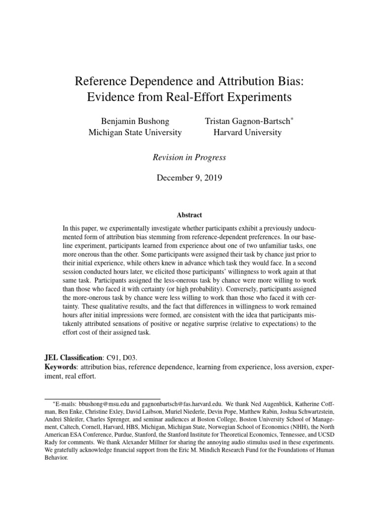 Reference Dependence and Attribution Bias | PDF | Utility | Experiment