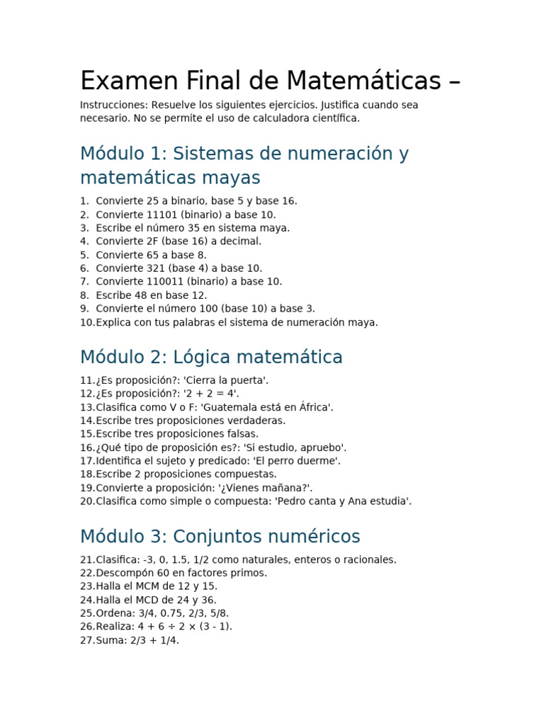 Examen Final de Matemáticas Completo | PDF | Proposición | Factorización