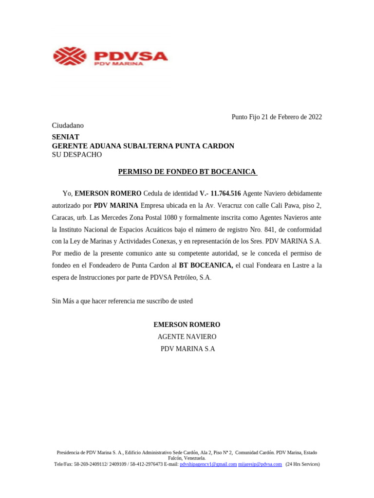 Permiso de fondeo BT Boceanica en Punta Cardón | PDF