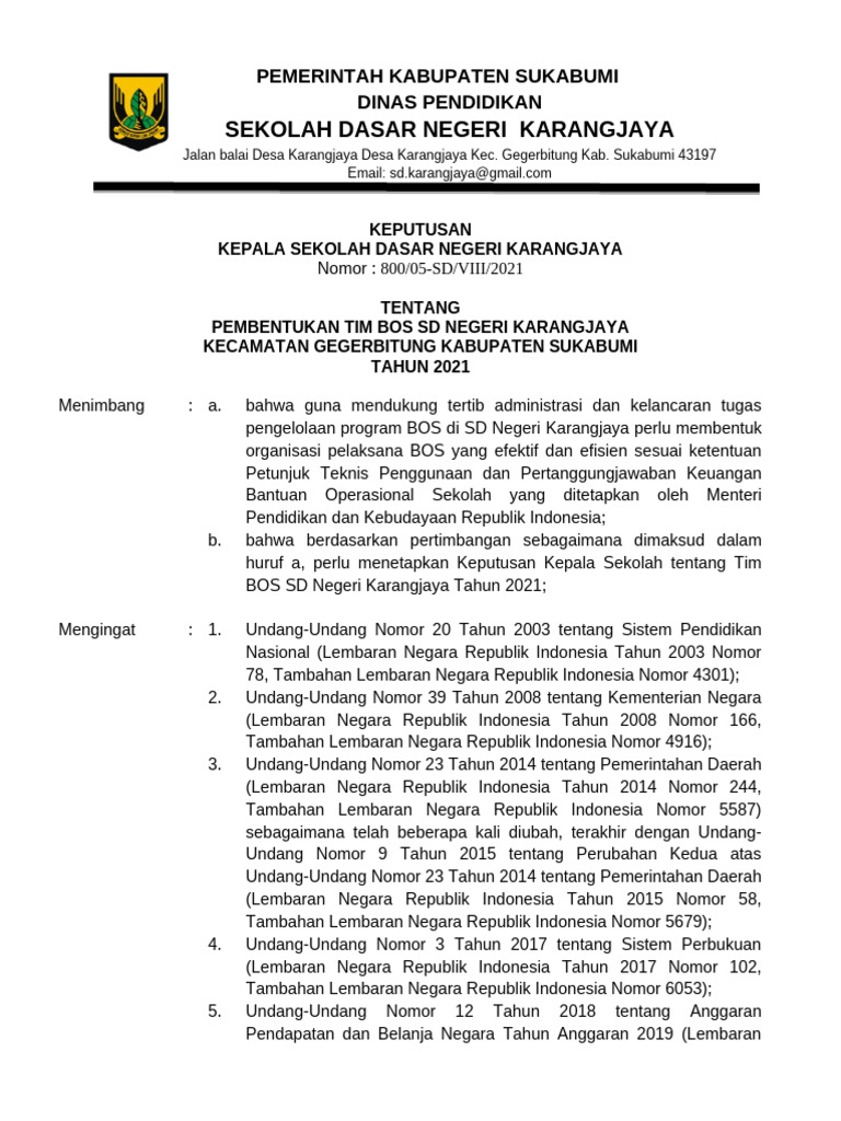 Contoh SK Tim BOS Reguler 2021 Karangjaya | PDF