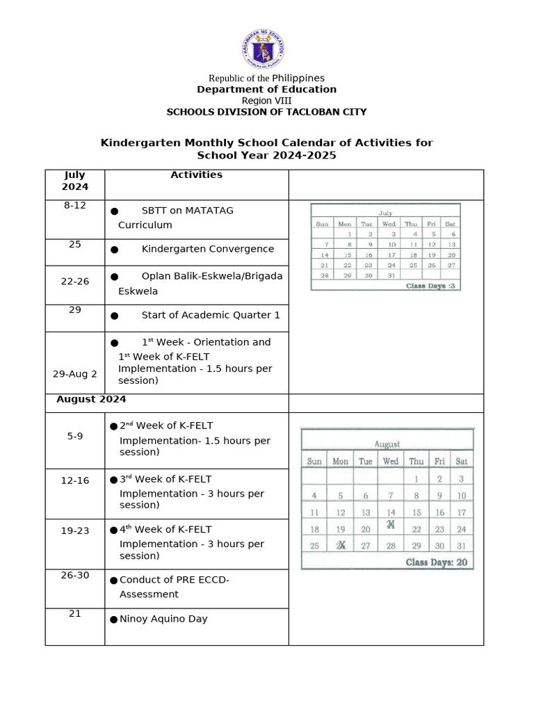 Kindergarten Monthly School Calendar of Activities For School Year 2024 ...