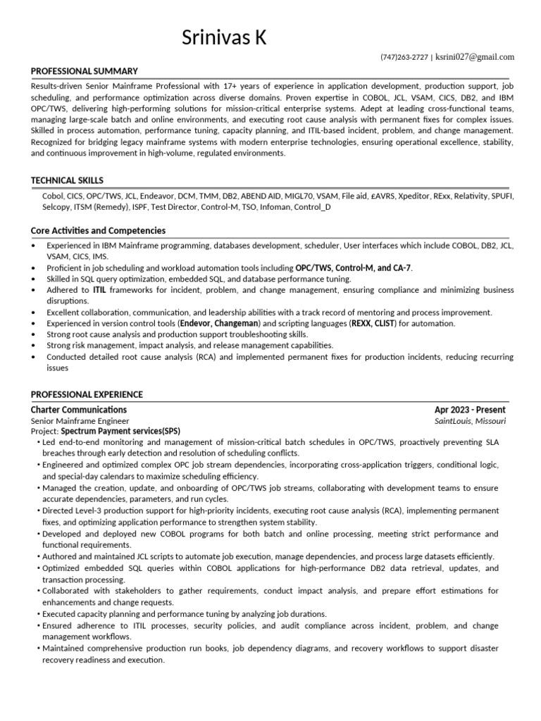 Srinivas K Mainframe Resume | PDF | Ibm Db2 | Information Technology