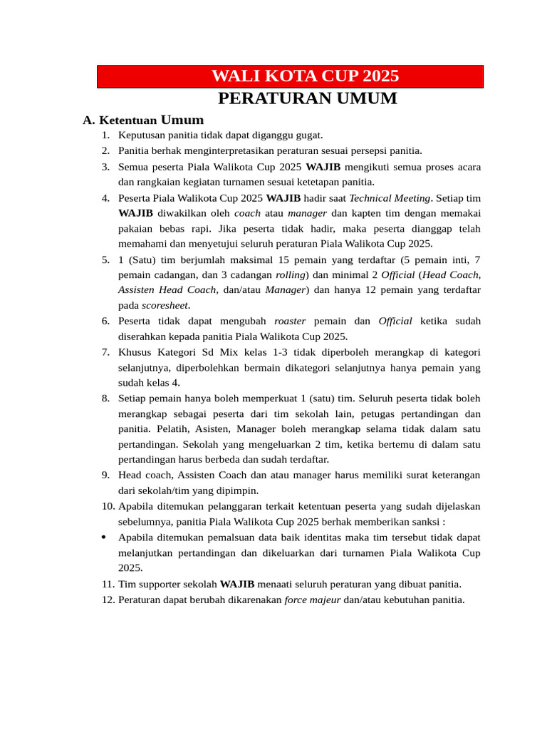 DRAFT Juknis Piala Walikota Cup 2025 | PDF