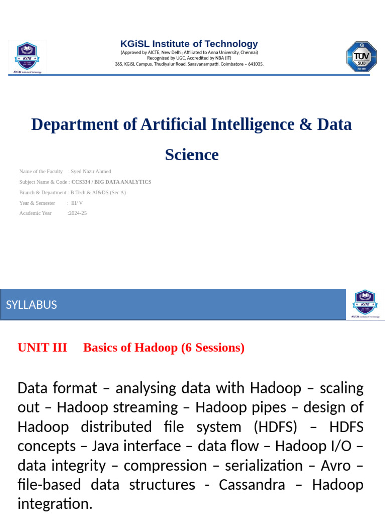 Big Data Analytics Syllabus: Hadoop Basics | PDF