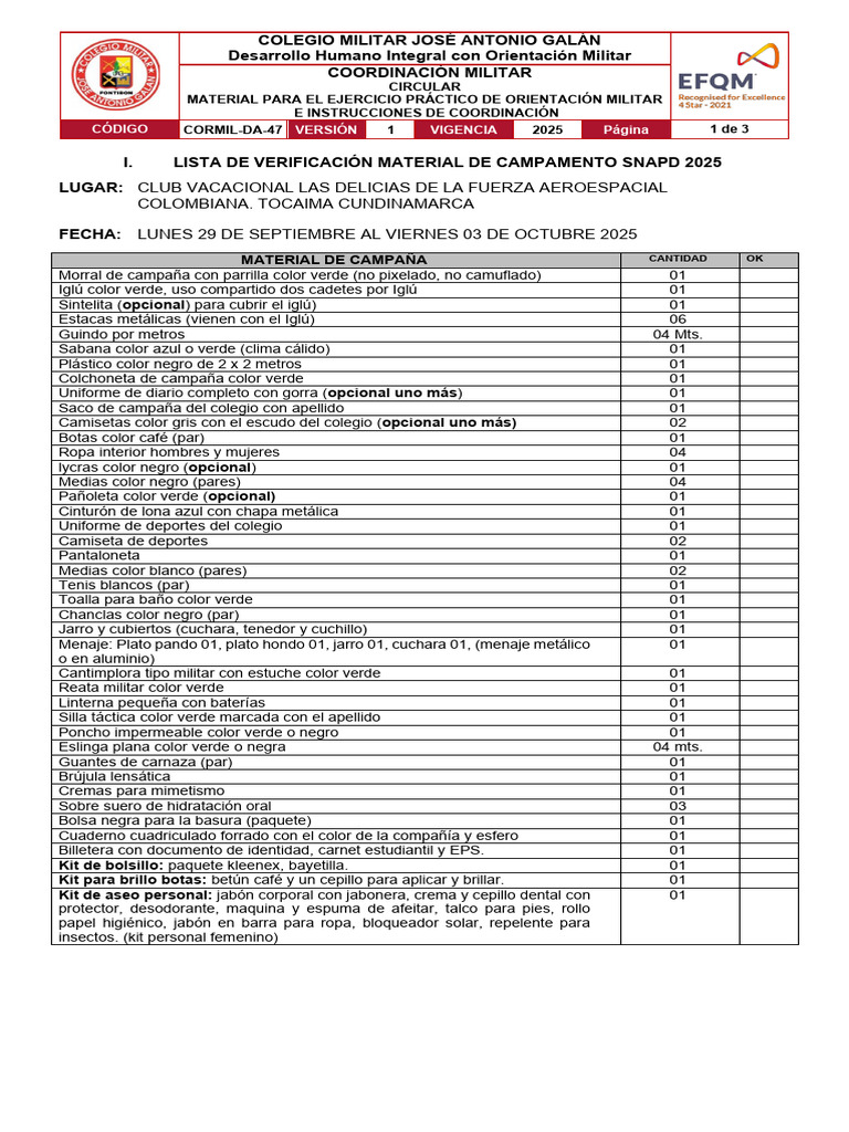 Material Campamento Colegio Militar Galán | PDF