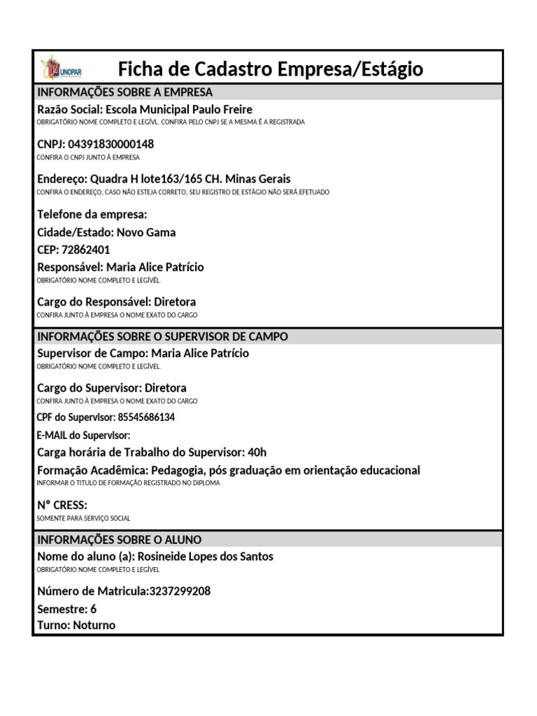 Formulario Estágio Atualizado | PDF