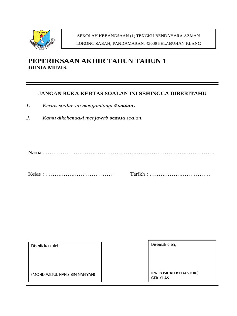 Tahun 1 Muzik Akhir (Imran&Tan) | PDF