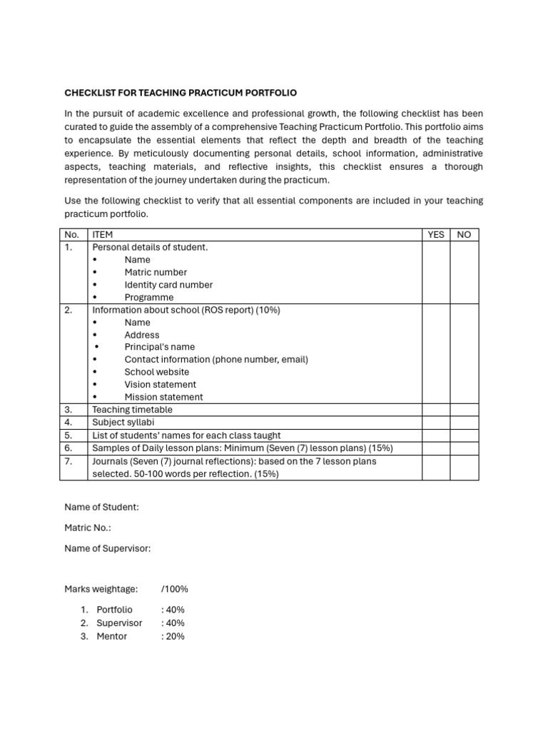 Teaching Practicum Portfolio Checklist | PDF