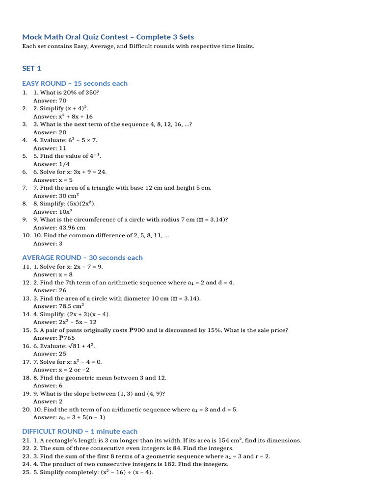 Mock Math Oral Quiz Contest 3sets | PDF | Area | Length