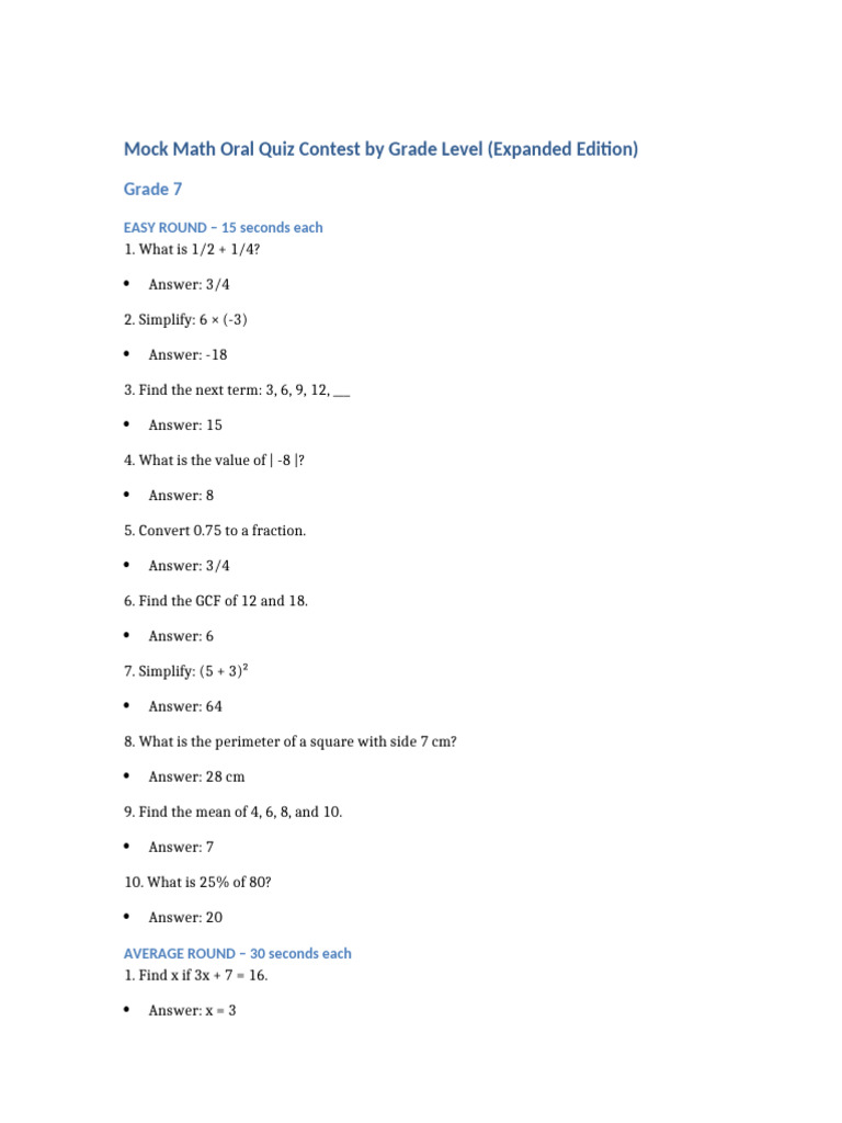 Mock Math Oral Quiz by Grade Level Expanded | PDF | Area | Chess Theory