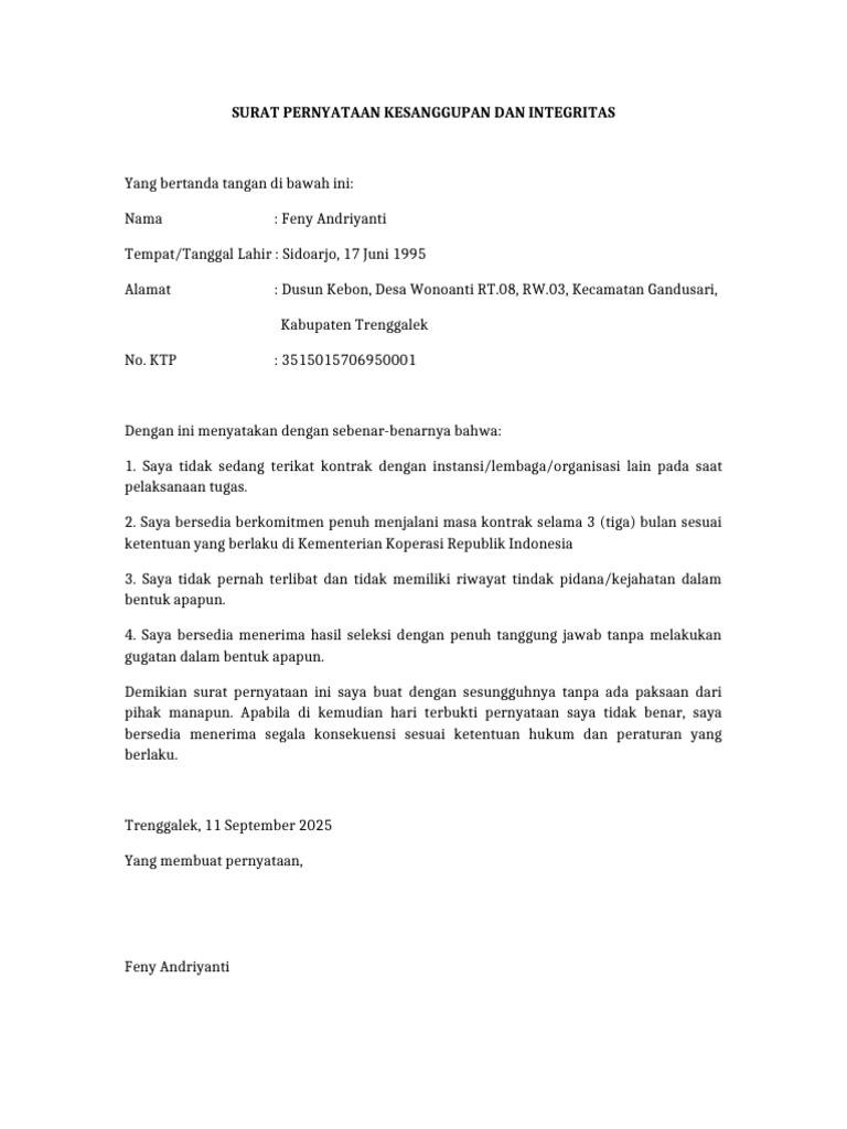 Surat Pernyataan Integritas Feny Andriyanti | PDF