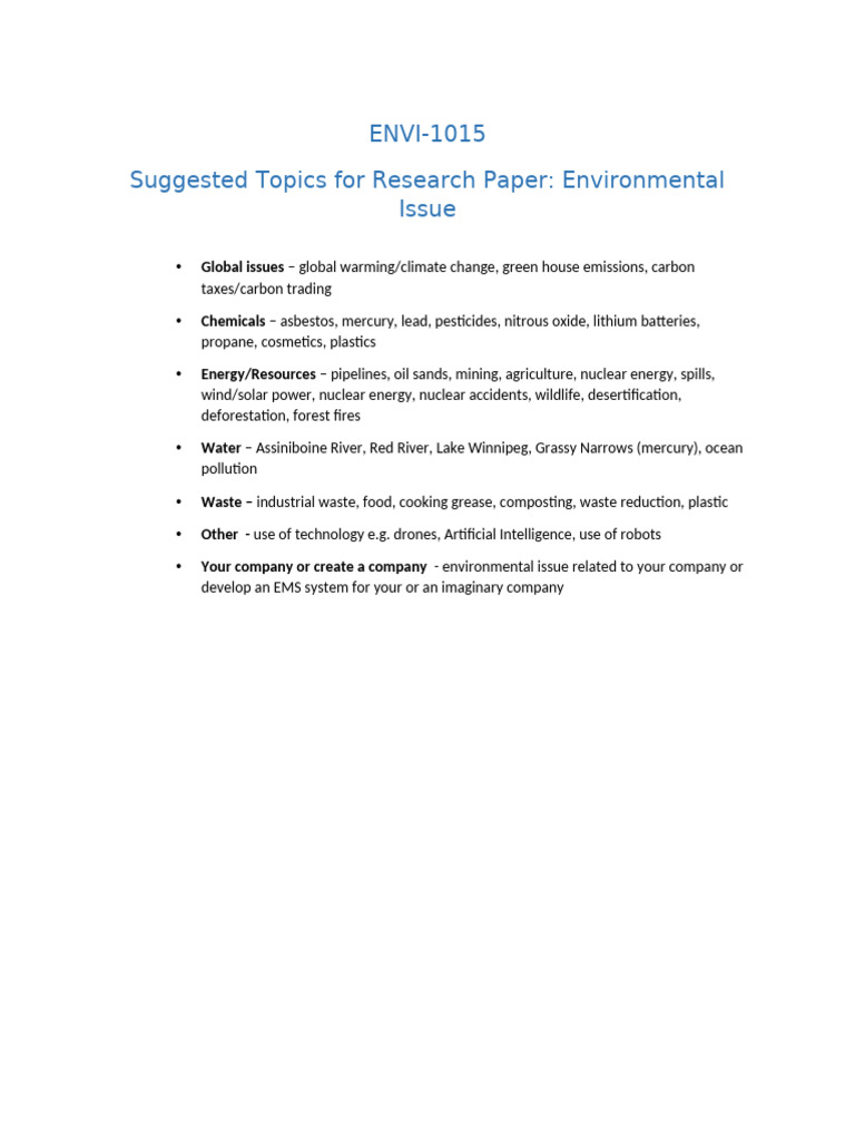 Suggested Topics For Research Paper - Environmental Issue | PDF