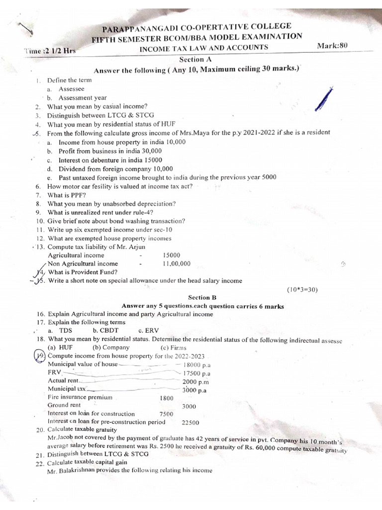 5 Sem Bcom Income Tax Model Question Paper PCC UocBcomStudyMaterial | PDF