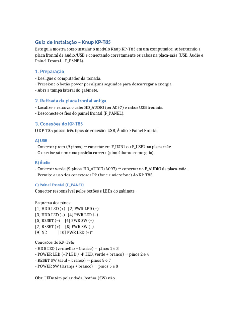 Guia Instalacao KP-T85 | PDF