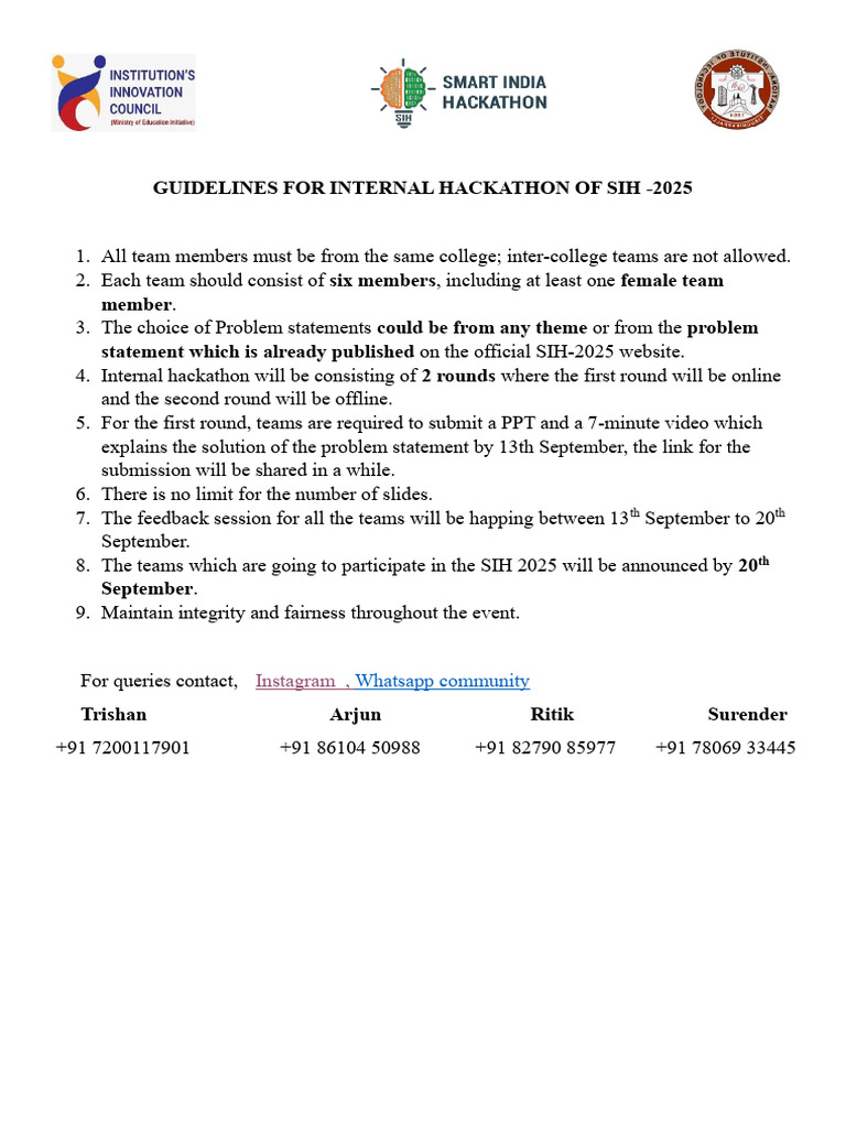 Guidelines For Internal Hackathon of Sih | PDF