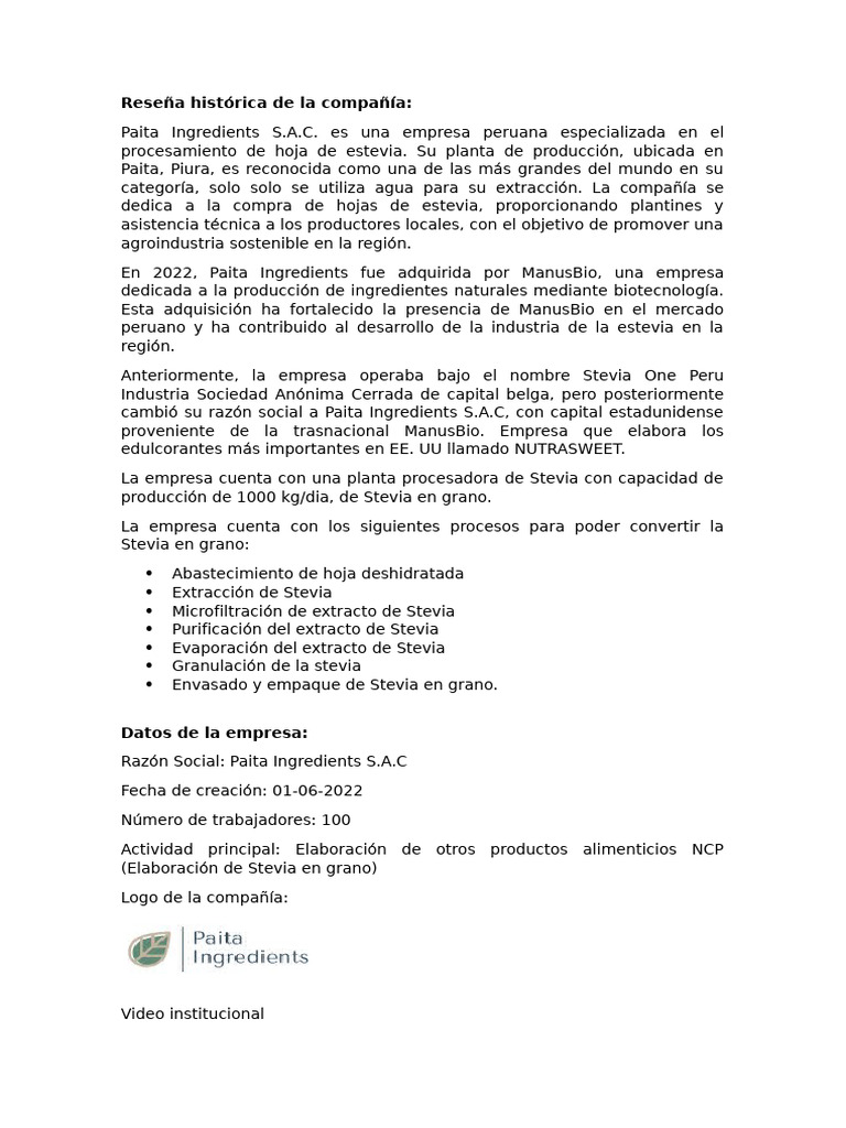 Paita Ingredients S.A.C.: Innovación en Stevia | PDF