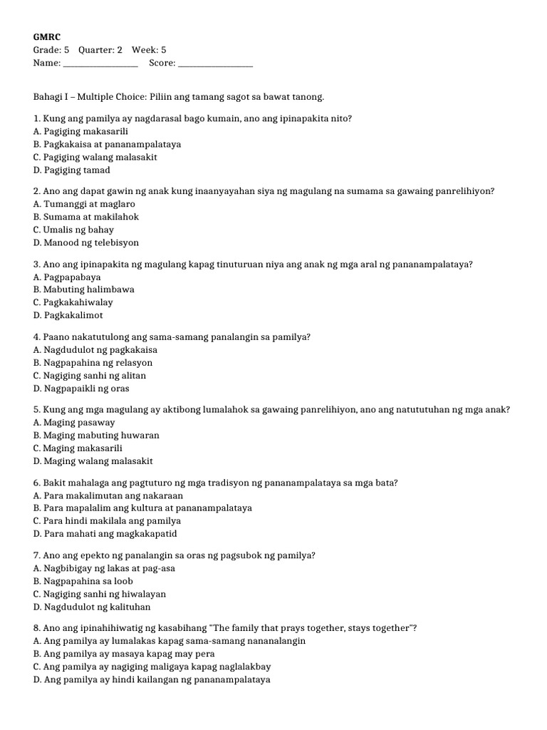 Grade 5 Quarter 2 Week 5 GMRC Reviewer | PDF
