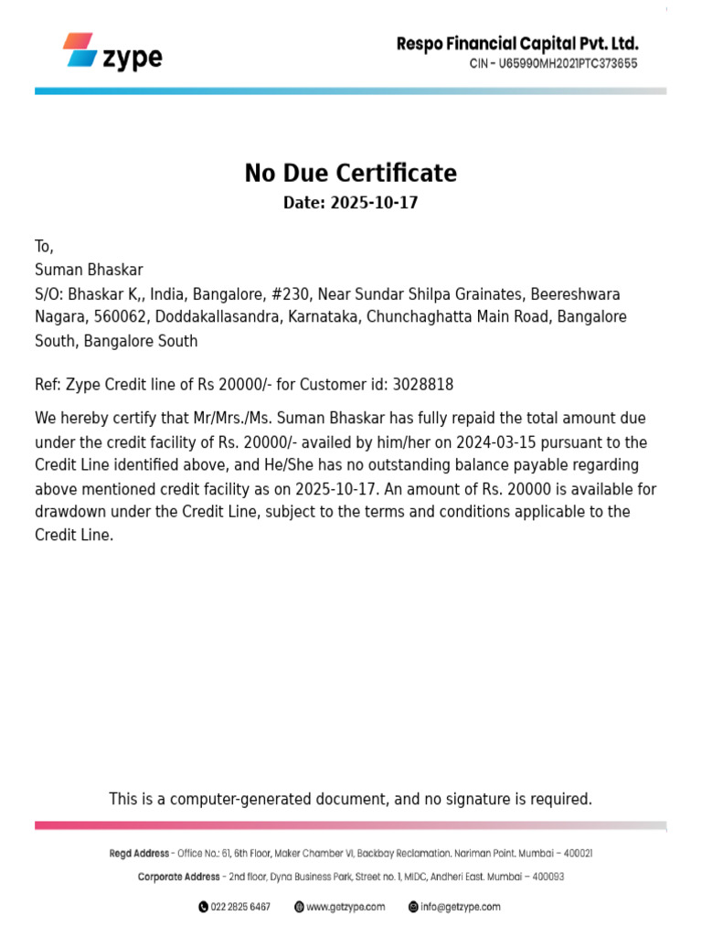 No Due Certificate for Suman Bhaskar | PDF