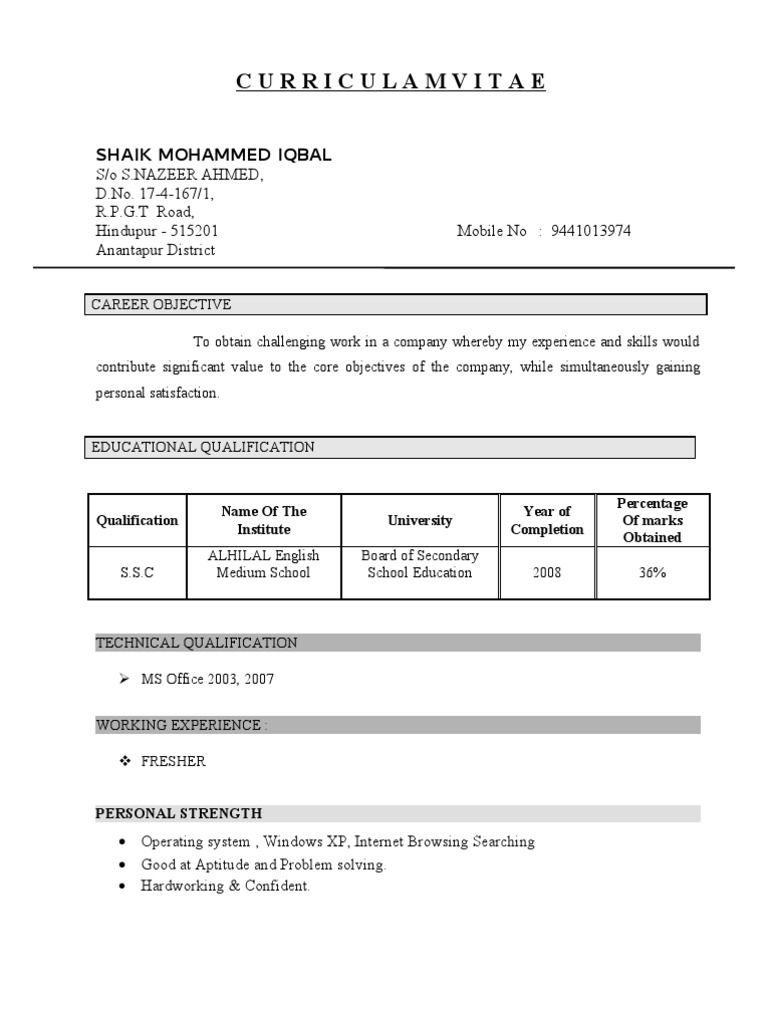 Curriculum Vitae of Shaik Mohammed Iqbal | PDF | Career & Growth | Business