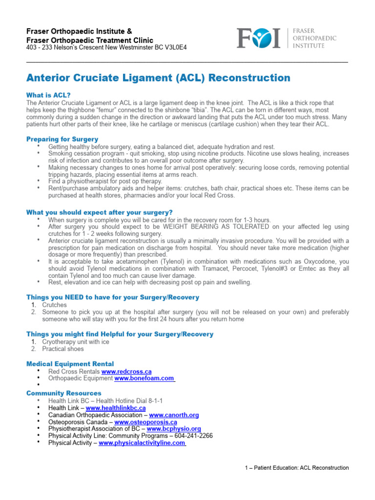 ACL Reconstruction Patient Education | PDF | Medicine | Diseases And ...