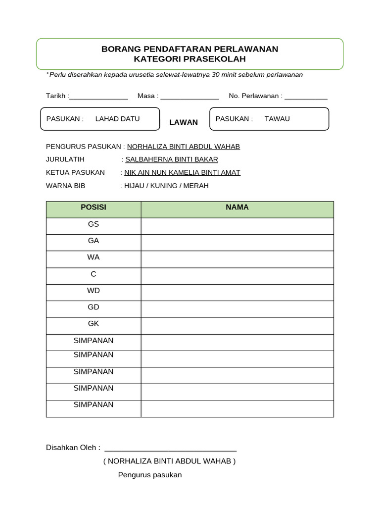 Borang Pendaftaran Perlawanan Netball TENGGARA | PDF