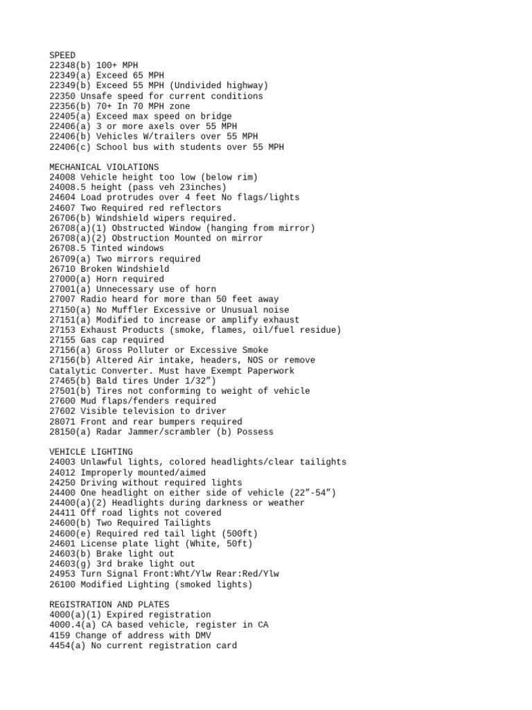 California Traffic Violation Codes List | PDF | Driving | Traffic