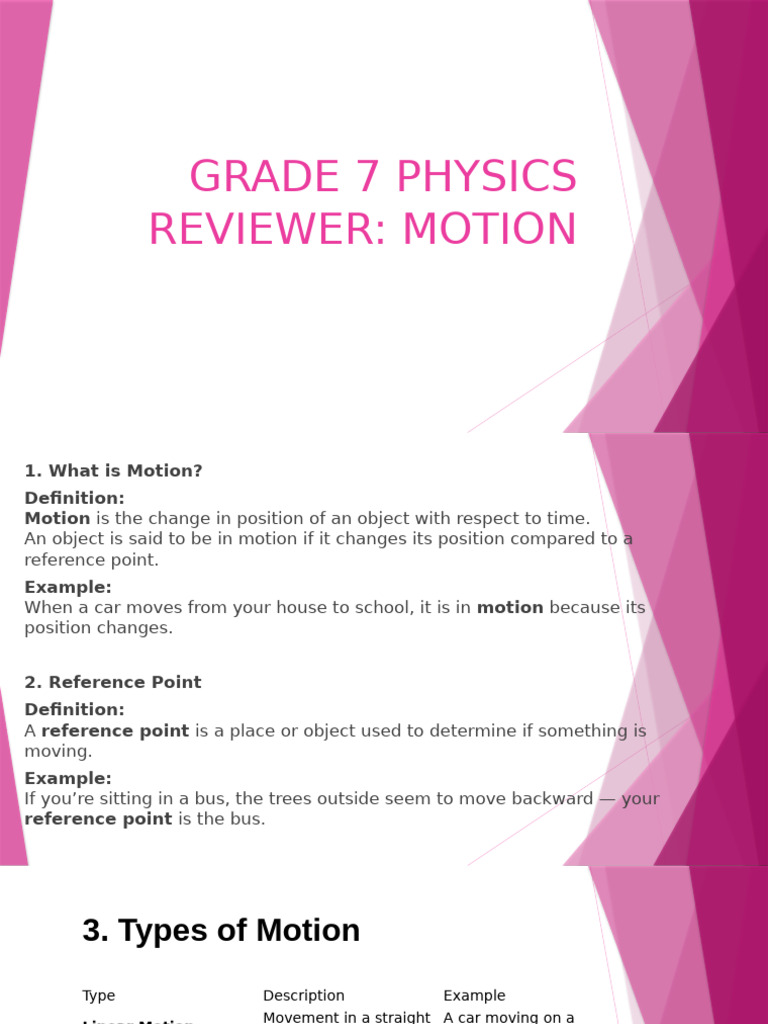 Grade 7 Physics Reviewer Motion | PDF | Acceleration | Speed