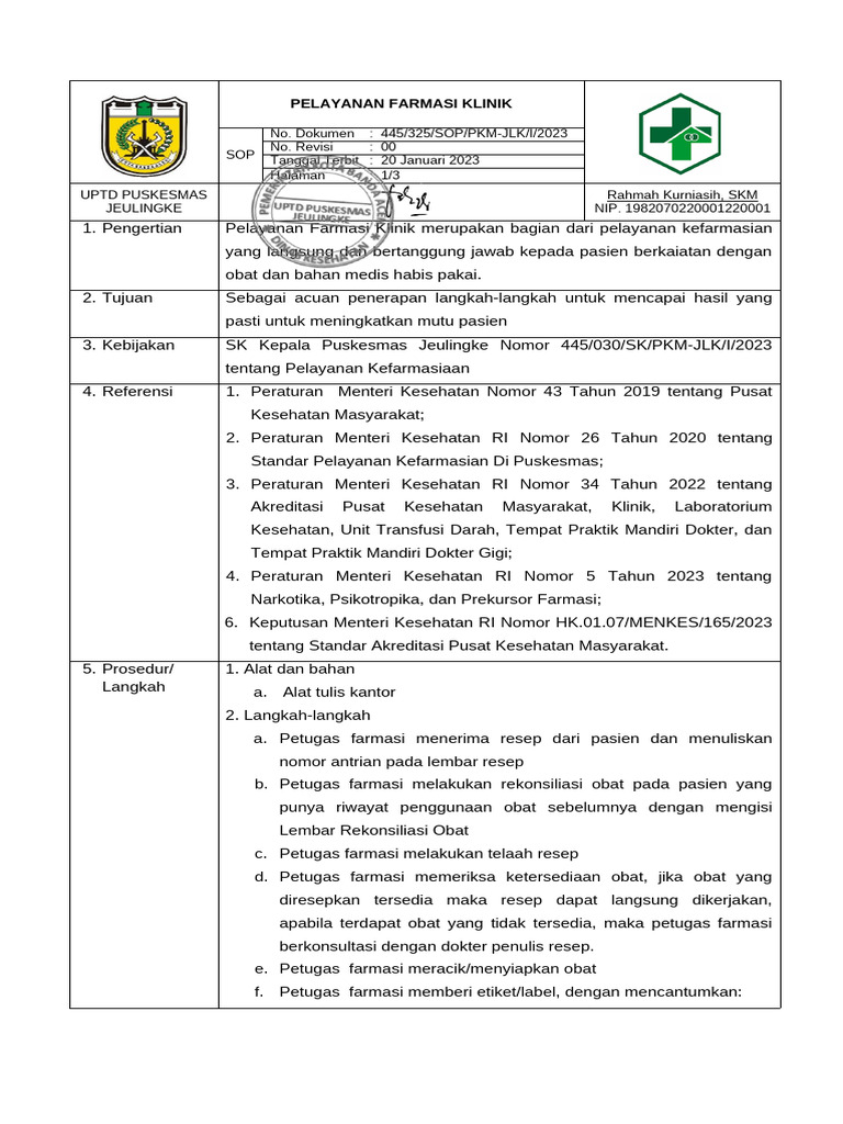 Sop Pelayanan Farmasi Klinis | PDF
