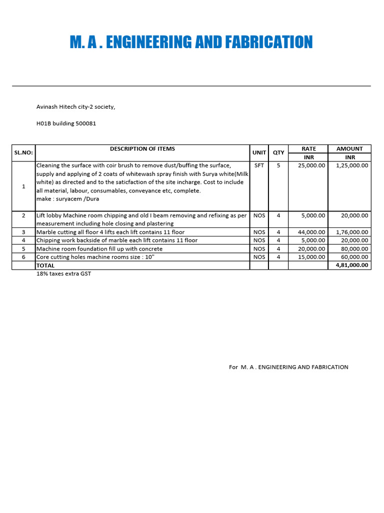 Quotation For Lift Works | PDF | Materials | Building Materials