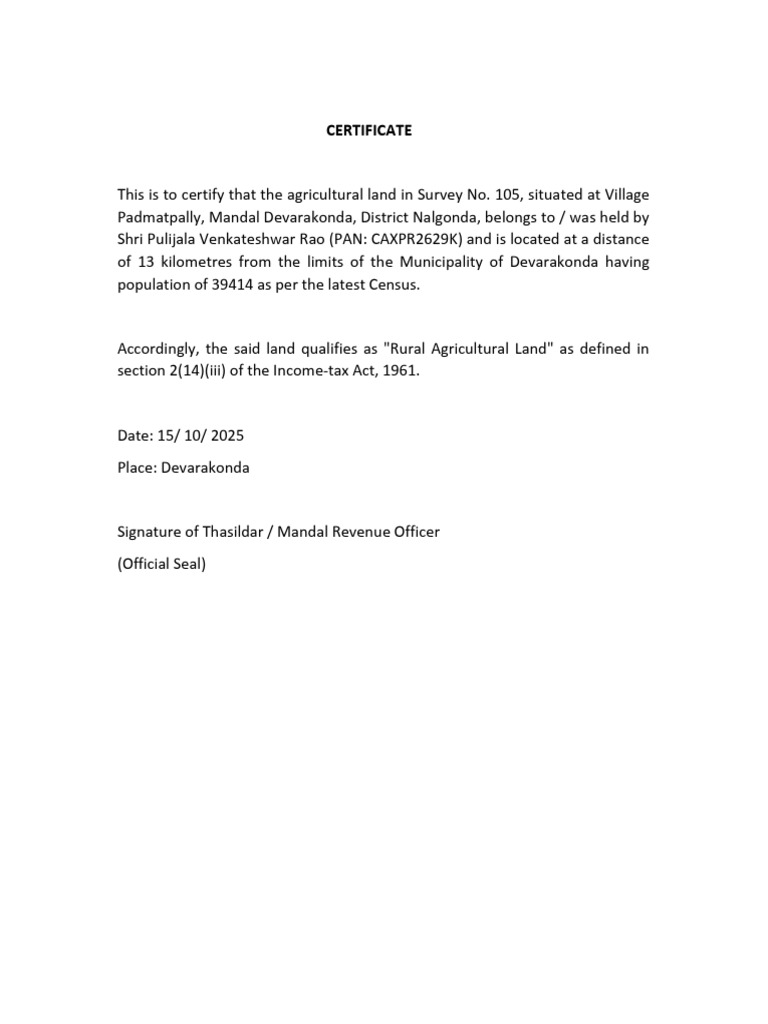 Certificate of Rural Agricultural Land | PDF