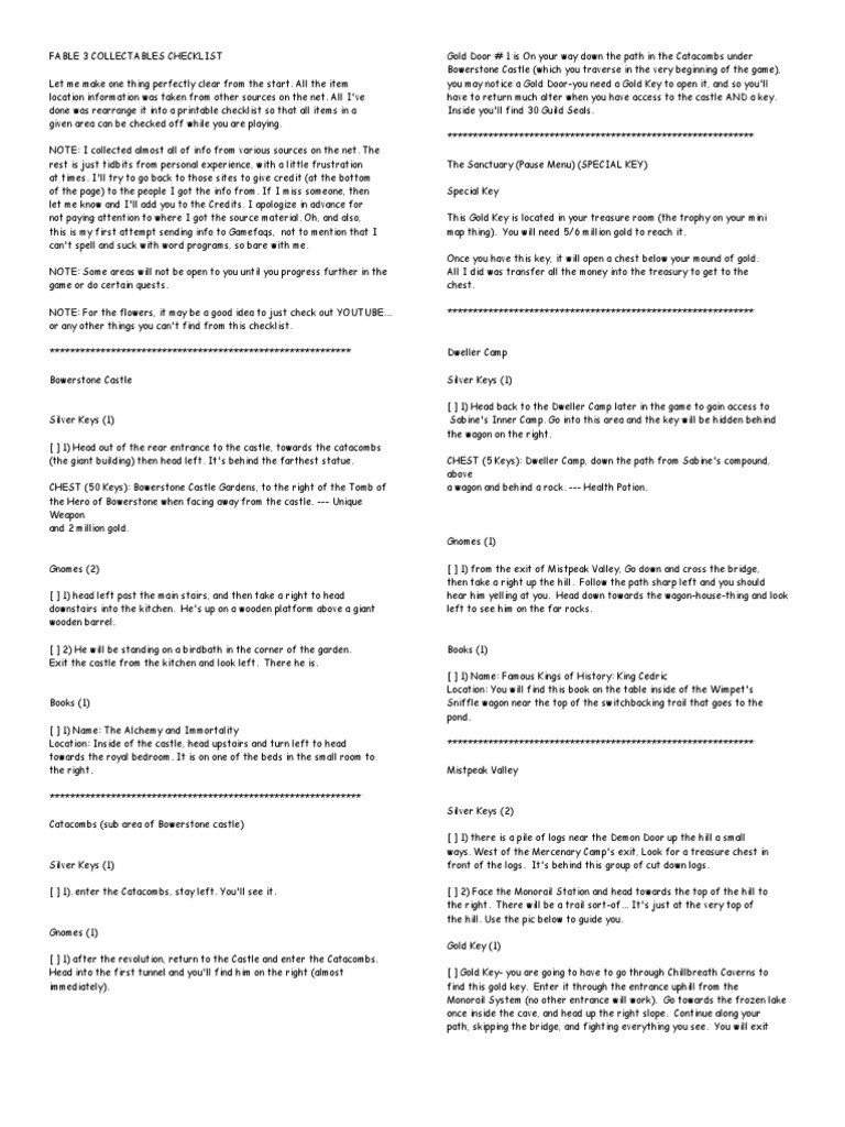 Fable 3 Collectables Checklist | PDF | Stairs | Nature