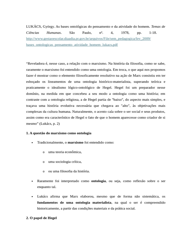 Ontologia Marxista: Lukács e Hegel | PDF | Liberdade | Karl Marx