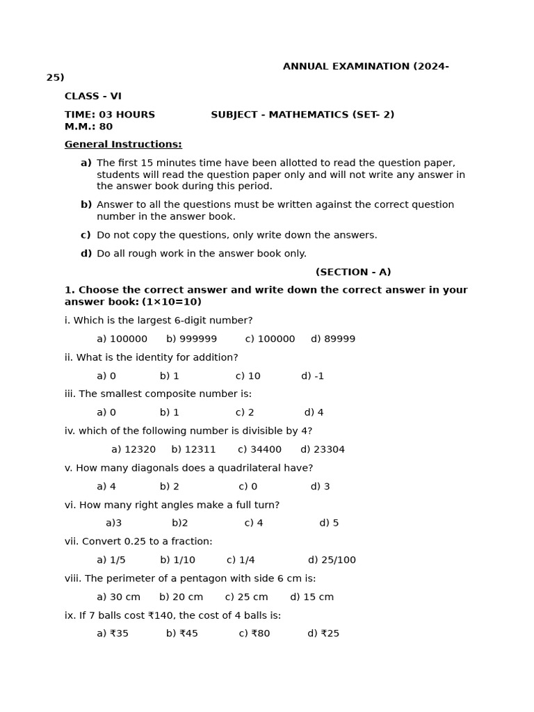 Class VI Mathematics Annual Exam 2024-25 | PDF | Numbers | Discrete ...
