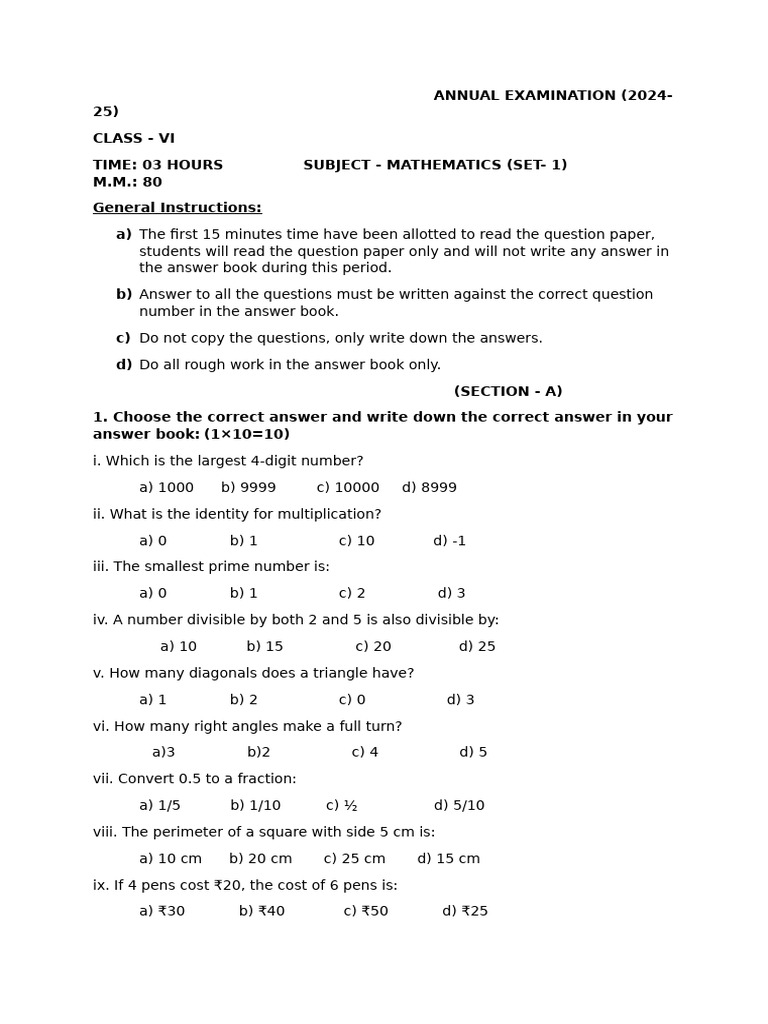 Class VI Mathematics Annual Exam 2024-25 | PDF | Numbers | Mathematics