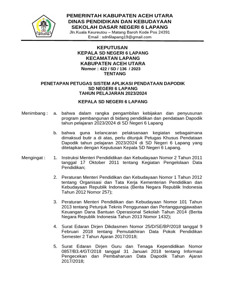 Penetapan Petugas Dapodik SD 6 Lapang | PDF