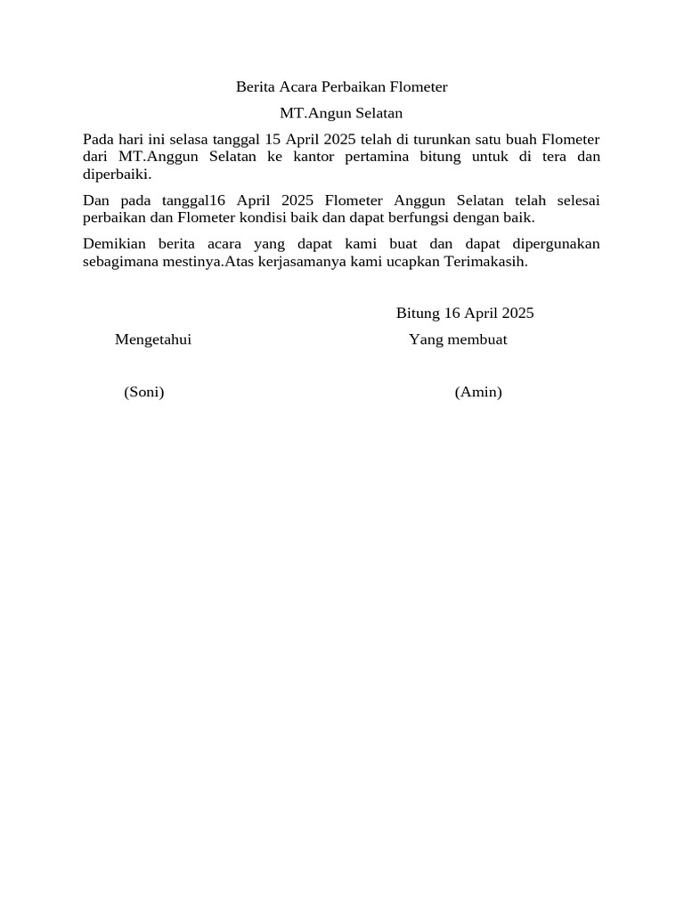 Berita Acara Perbaikan Flometer 2025 | PDF