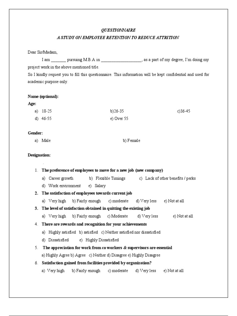 Questionnaire on Employee Retention Strategy | Employee Retention ...