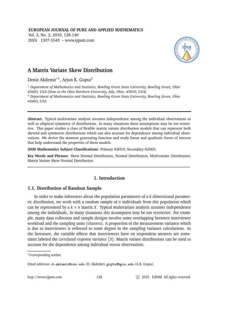 A Matrix Variate Skew Distribution (2010) - Akdemir | PDF | Probability Density Function ...