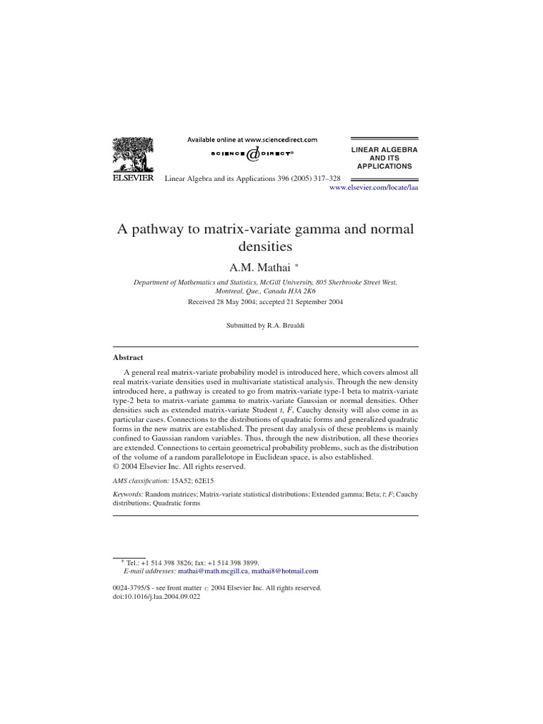 A Pathway To Matrix-Variate Gamma and Normal Densities (2005) - Mathai ...