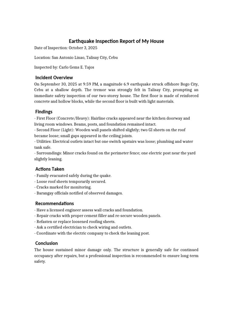 Earthquake Inspection Report Summary | PDF