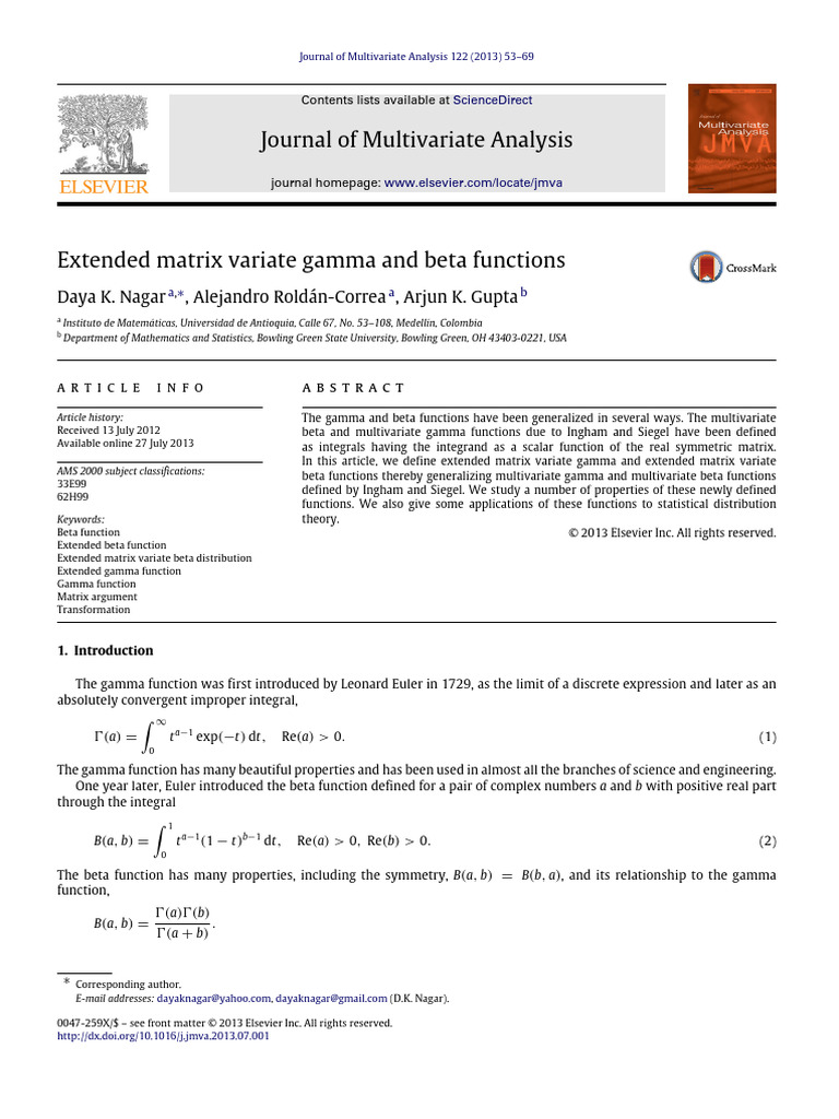Extended Matrix Variate Gamma and Beta Functions (2013) - Nagar | PDF ...
