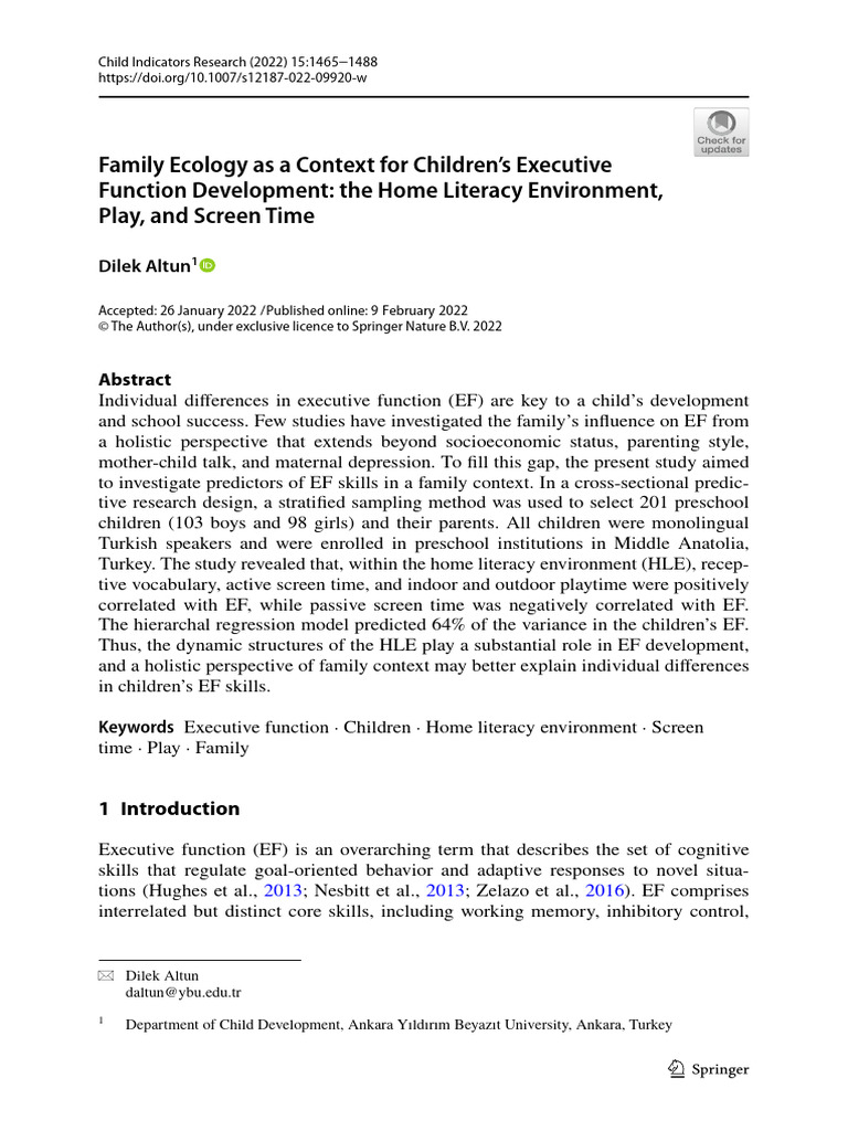 Family Ecology As A Context For Children's Executive Function ...