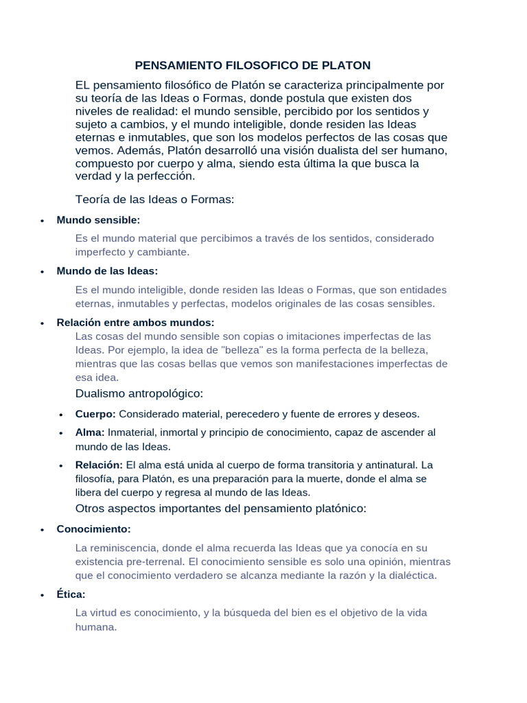 Pensamiento Filosofico de Platon | PDF | Platón | Conocimiento