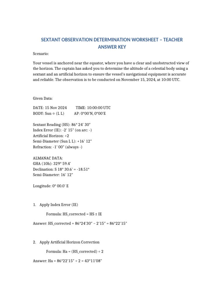 1 Sextant Observation Determination Worksheet 2 ANSWER | PDF