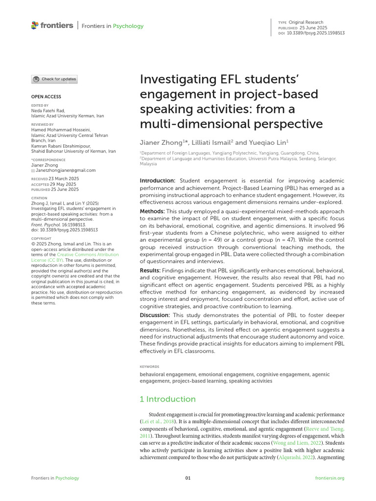 EFL Student Engagement in PBL Activities | PDF | Standard Deviation ...