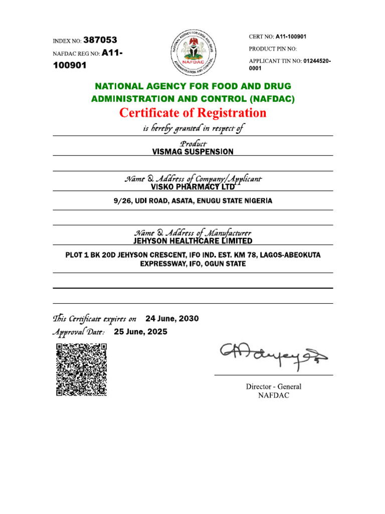 Product Certificate Vismag Suspension | PDF